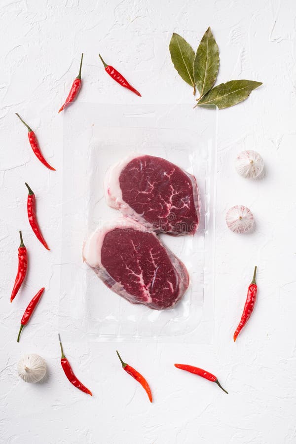 Packed Pieces Beef Meat, on White Stone Table Background, Top View Flat ...