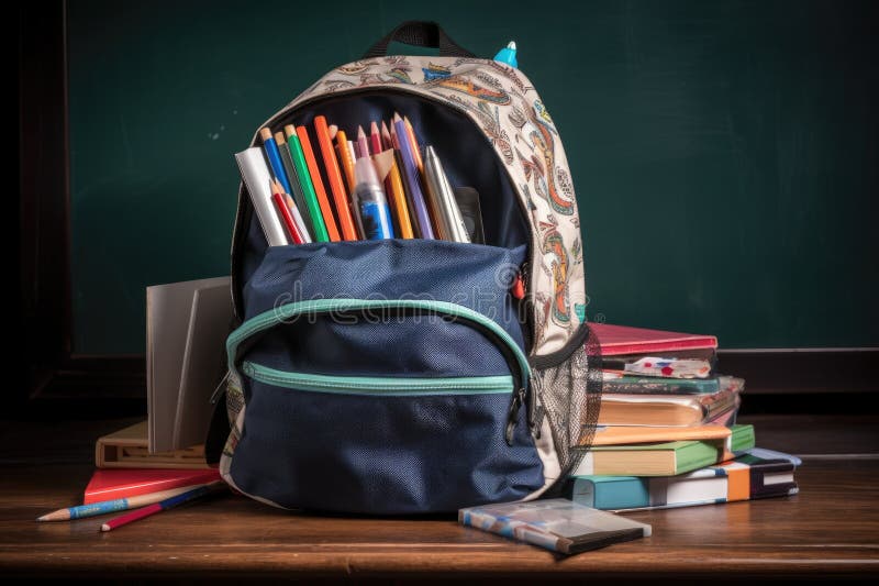 Packed School Backpack with Books, Pencils, and Other Essentials Stock ...
