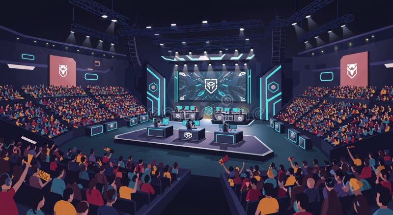 Packed Stadium Interior, Featuring an Esports Event. Central Stage with ...