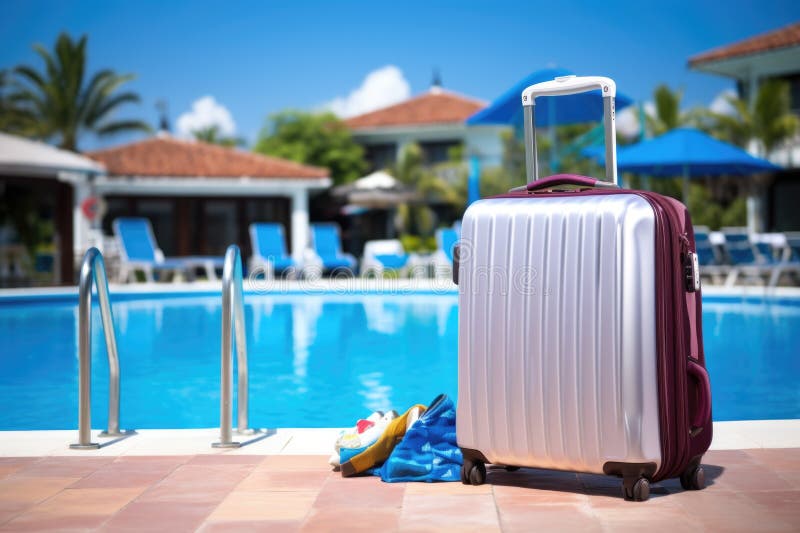 Packed Suitcase beside a Resort Swimming Pool Stock Photo - Image of ...