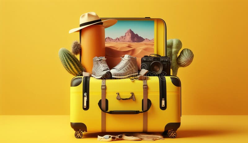 Packed Suitcase on Right Place with Belongings on Yellow Background ...
