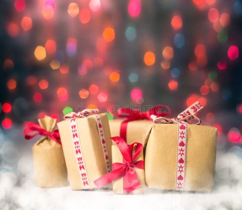 Packets Presents Christmas Background Colored Lights Gift Stock Photo ...