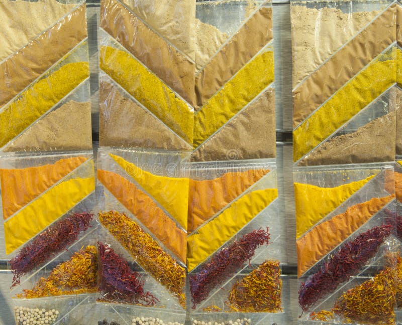 Colorful Spices in Bags at Market Stock Photo - Image of multicolored ...