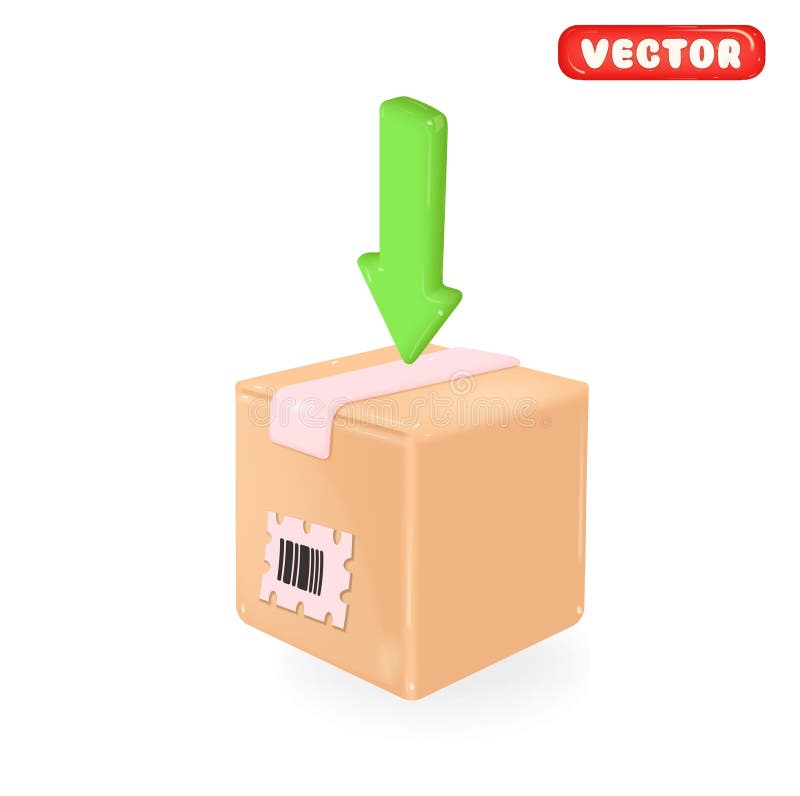 Packing Box Closed and Green Down Arrow. Vector Realistic 3d Icon Stock ...