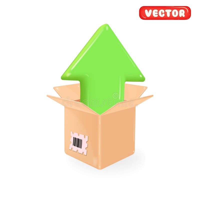 Packing Box Open and Green Up Arrow. Vector Realistic 3d Icon Stock ...