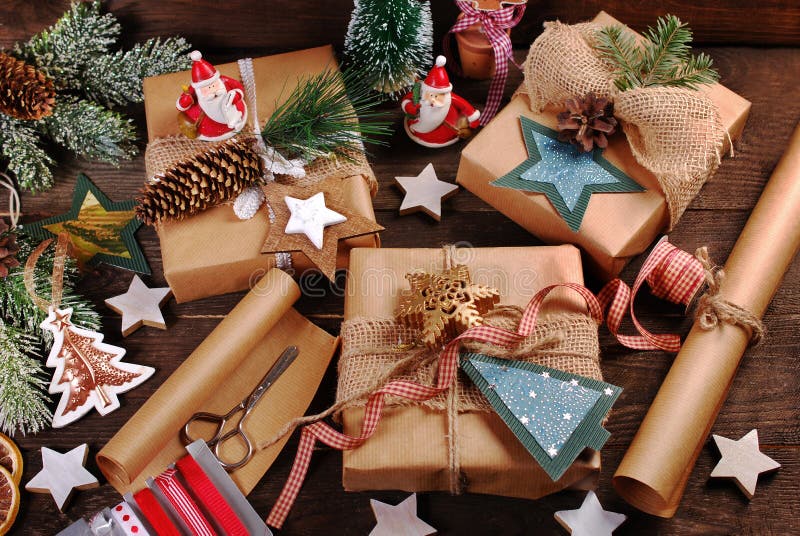 Packing Christmas Gifts in Rustic Style Stock Image - Image of present ...