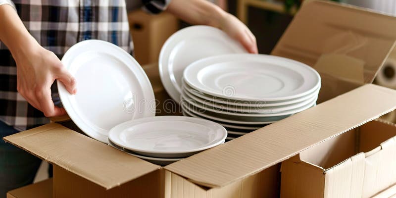 Packing dishes when moving stock photo. Image of delivery - 327852910