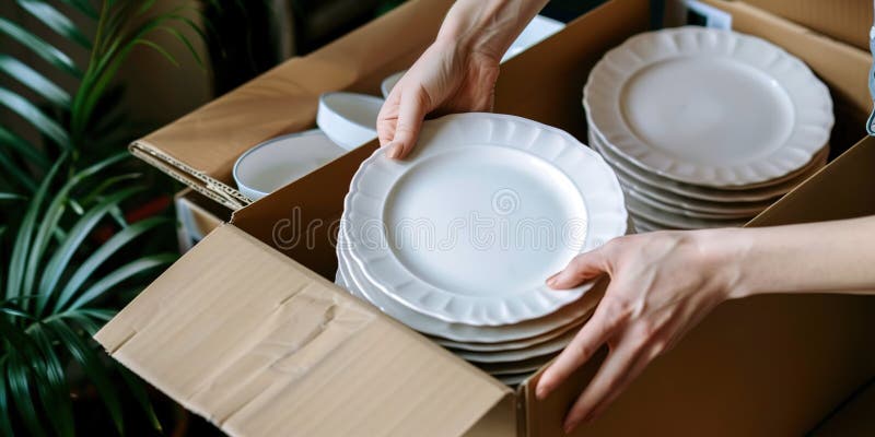 Packing dishes when moving stock image. Image of concept - 327852417