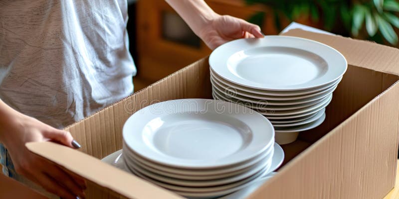 Packing dishes when moving stock photo. Image of male - 327853364