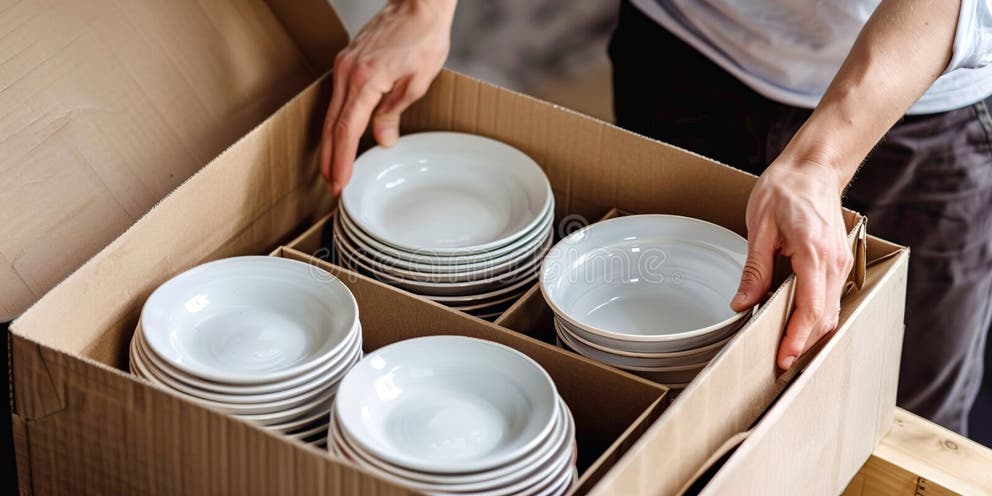 Packing dishes when moving stock photo. Image of estate - 327853482