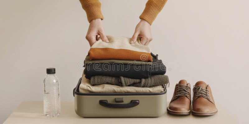 Packing Essentials for a Weekend Trip. Hands Arranging Clothes and ...