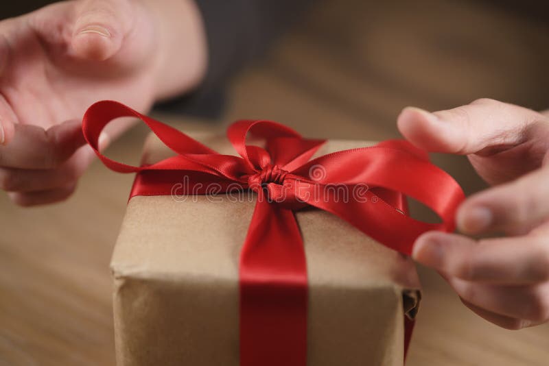 Packing Gift Box with Red Ribbon Stock Image - Image of festive ...