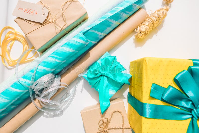 Packing Gift Box with Wrapping Paper Stock Photo - Image of scissors ...