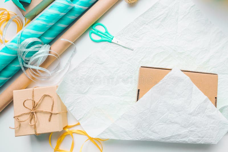 Packing Gift Box with Wrapping Paper Stock Photo - Image of merchandise ...