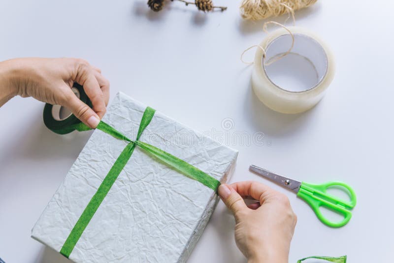 Packing Gift Box with Wrapping Paper Stock Photo - Image of decoration ...