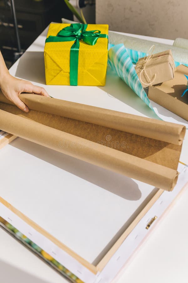 Packing Gift Box with Wrapping Paper Stock Photo - Image of packing ...