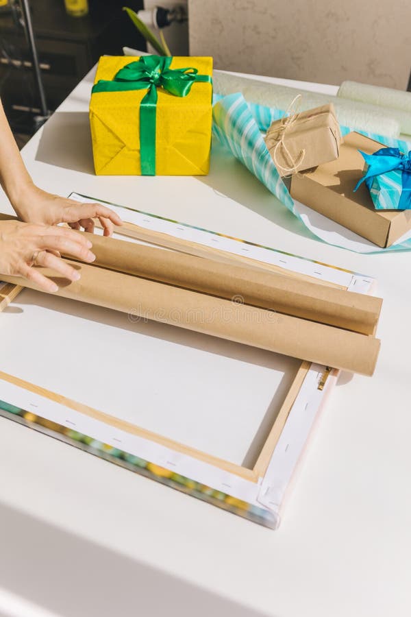 Packing Gift Box with Wrapping Paper Stock Image - Image of gift ...