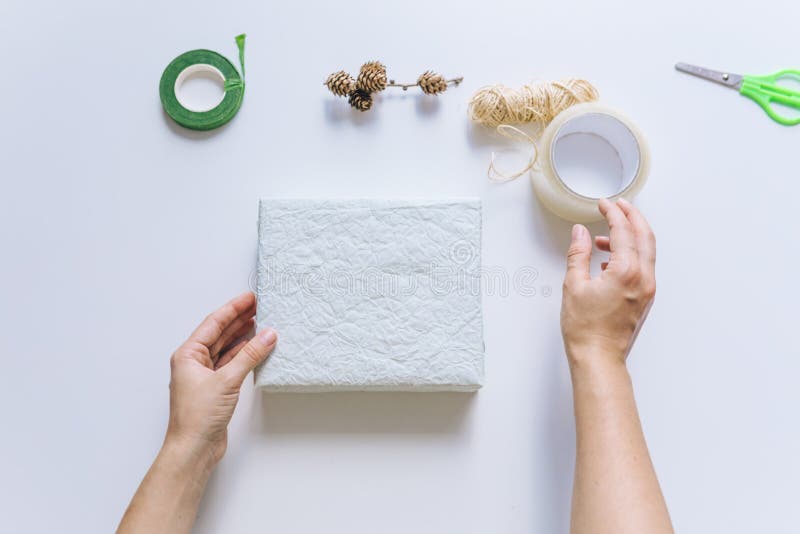 Packing Gift Box with Wrapping Paper Stock Image - Image of overhead ...