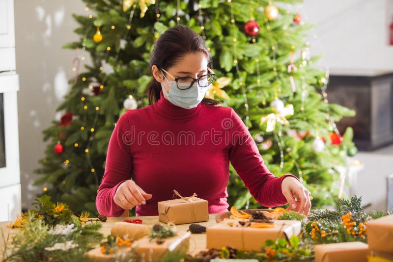 Packing Gift Boxes Process during Covid-19 Pandemy Stock Image - Image ...