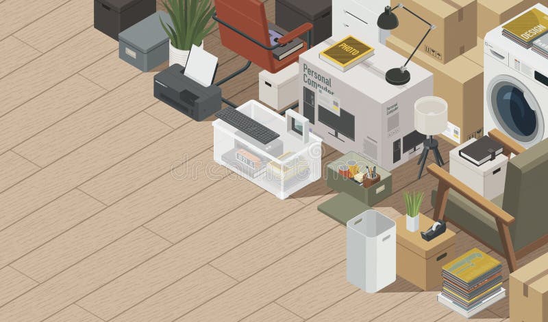 Messy Storage Room with Vintage Objects and Junk Stock Illustration ...