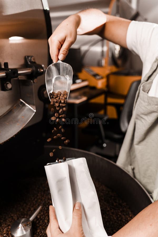 Packing Roasted Coffee Beans into a Craft Bag. Pouring Fried Coffee ...