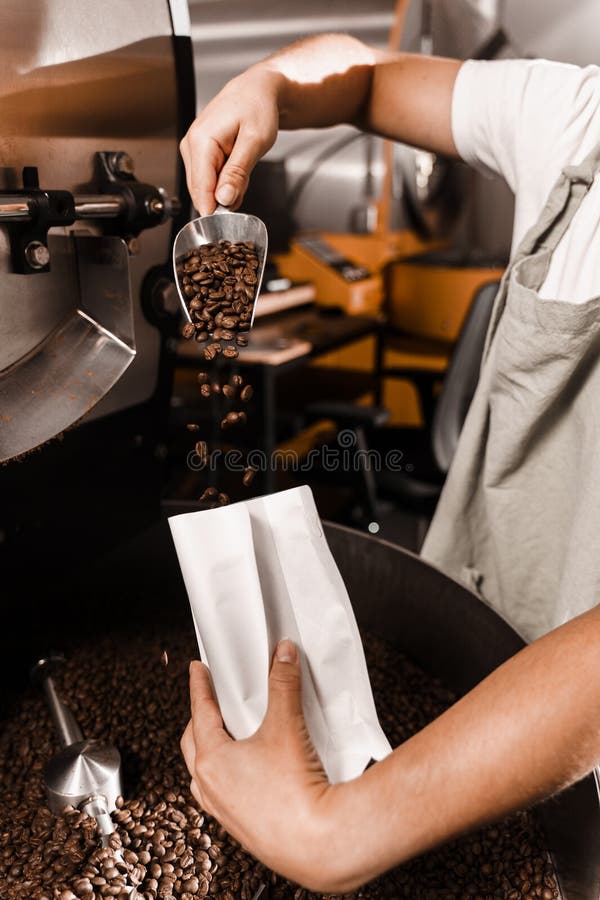 Packing Roasted Coffee Beans into a Craft Bag. Pouring Fried Coffee ...