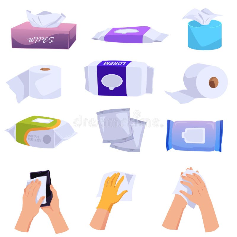Packs of Antiseptic Napkins and Hands Using Wet Wipes Flat Vector ...