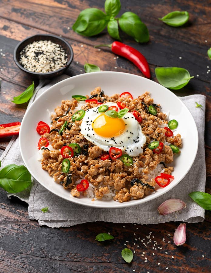 Pad Krapow Gai, Thai Basil Chicken with Rice and Fried Egg Stock Image ...