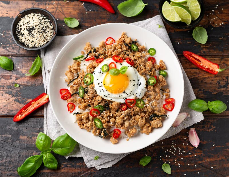 Pad Krapow Gai, Thai Basil Chicken with Rice and Fried Egg Stock Photo ...