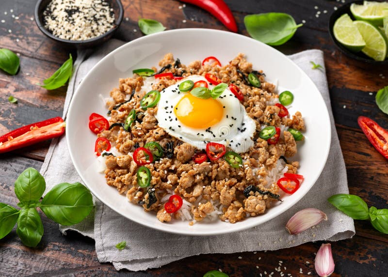 Pad Krapow Gai, Thai Basil Chicken with Rice and Fried Egg Stock Image ...