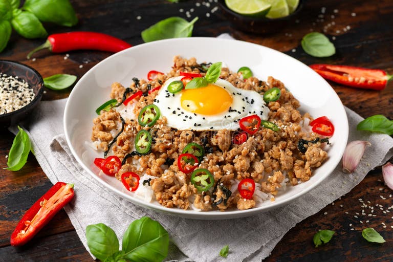 Pad Krapow Gai, Thai Basil Chicken with Rice and Fried Egg Stock Photo ...