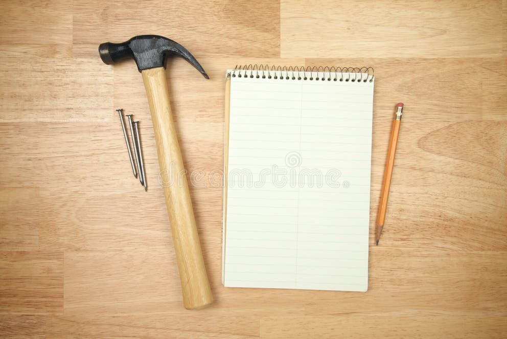 Pad of Paper, Pencil, Hammer and Nails Stock Photo - Image of house ...