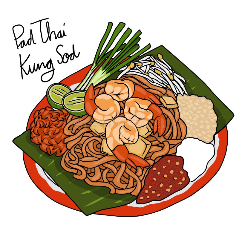 Noodle Padthai Food Thailand in the Dish. Hand Draw Sketch Vector Stock ...