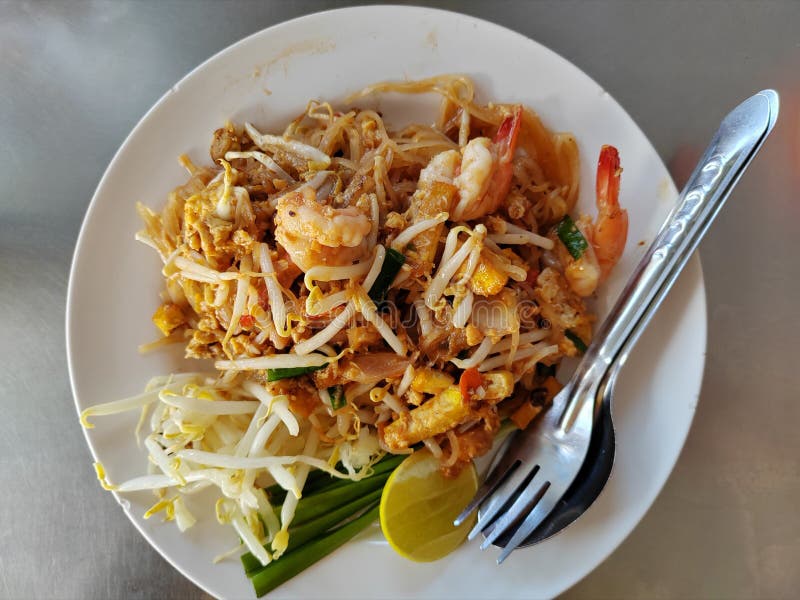 Pad Thai with Fresh Shrimp on the Table. Top View of Horizontal Stock ...