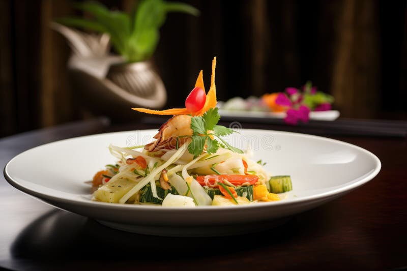Pad Thai Plated Elegantly with Carved Vegetable Garnish Stock Photo ...