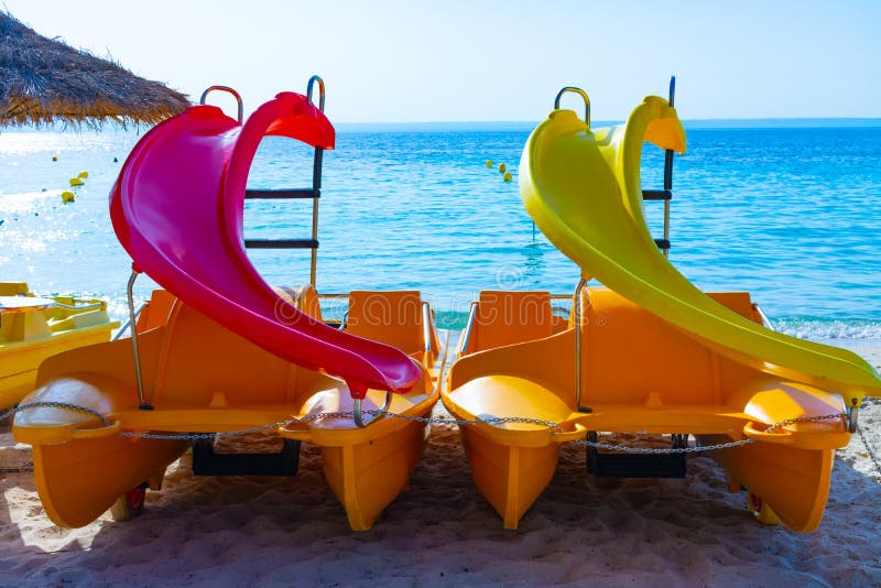 Paddle boats on the sand stock image. Image of mediterranean - 267008311