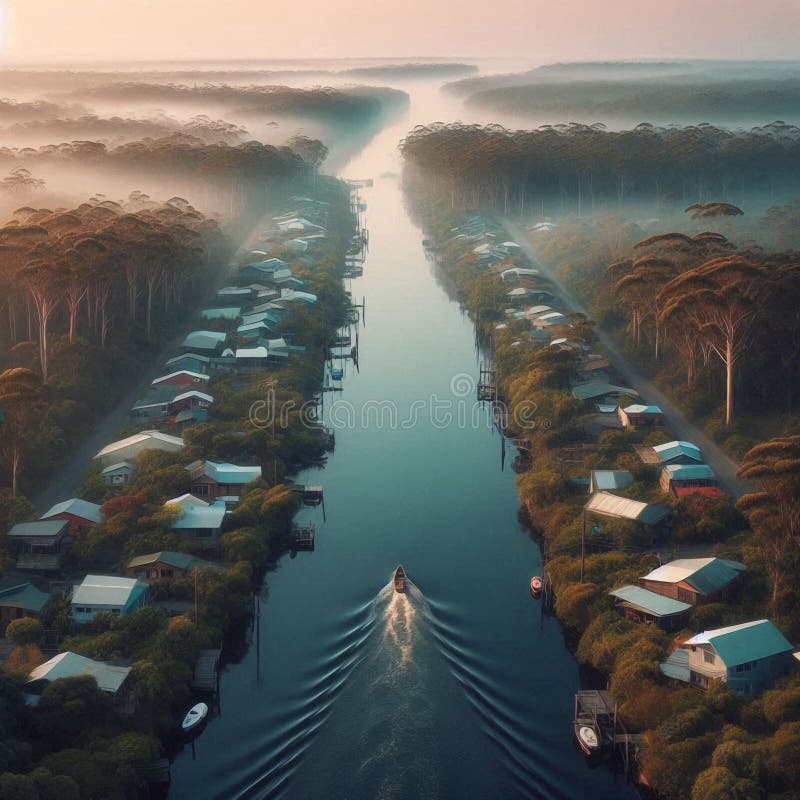 A Paddle Streamer Move Along the River between the Houses are Gum Trees ...