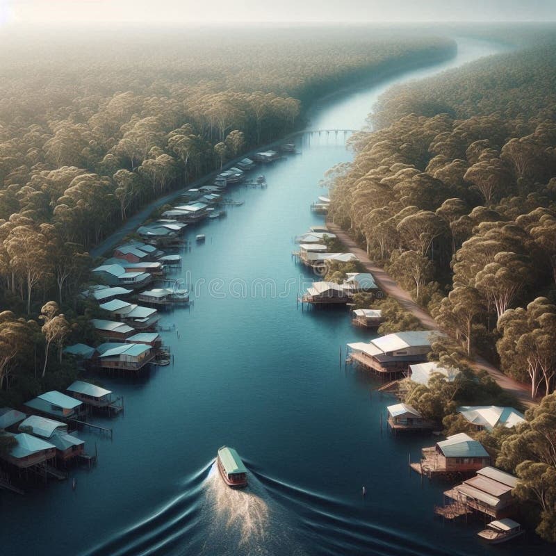 A Paddle Streamer Move Along the River between the Houses are Gum Trees ...