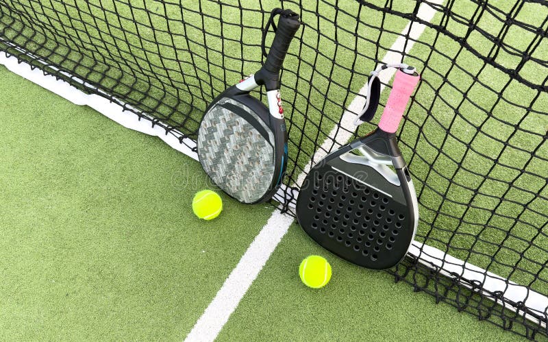 Paddle Tennis Racket and Balls on Court . High Quality Photo Stock ...