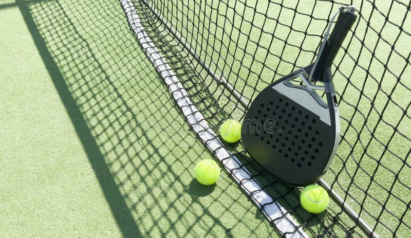 Paddle Tennis Racket and Balls on Court . High Quality Photo Stock ...