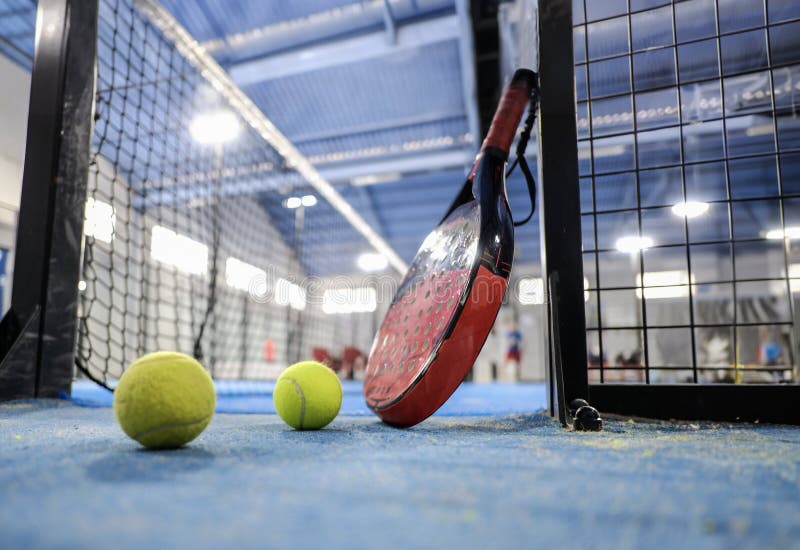 Paddle Tennis Racket and Balls in Court Stock Image - Image of pddle ...