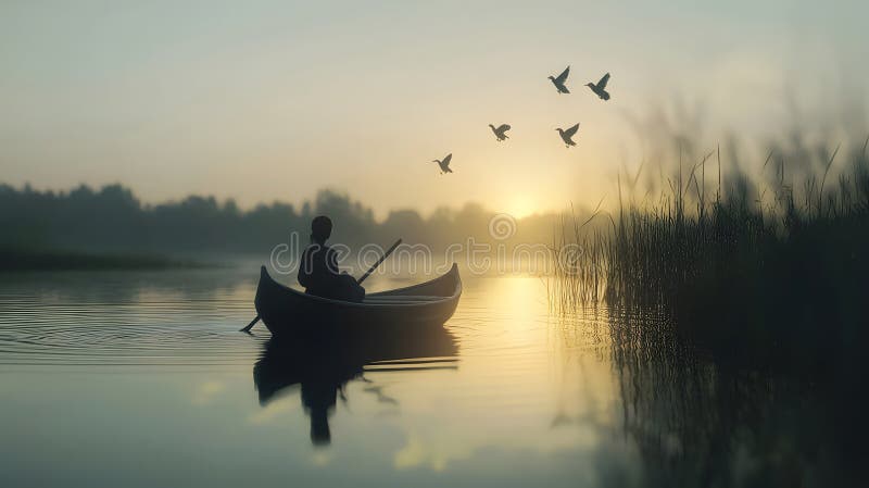 Paddling at Dawn Serene Lake Nature Scene Tranquil Environment Side ...
