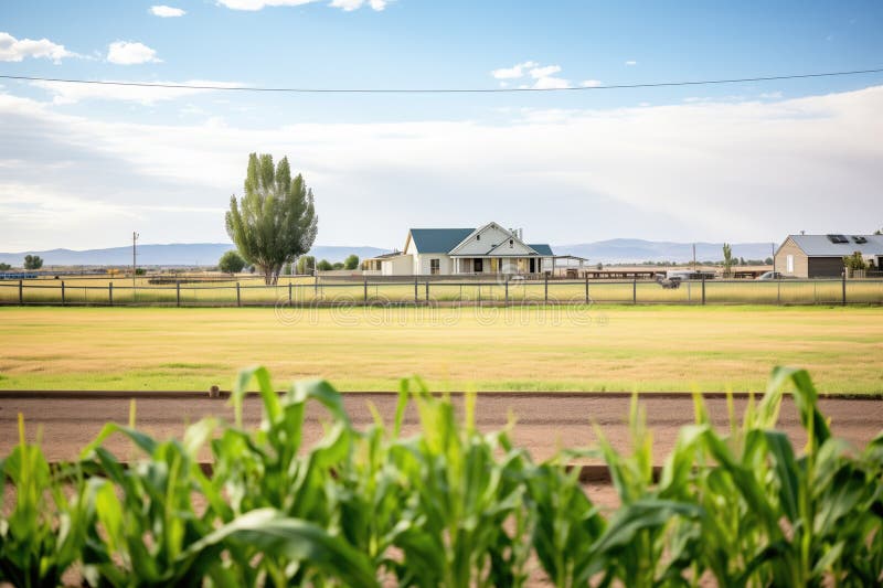 Paddock with Rows of Corn and Ranch in the Distance Stock Image - Image ...