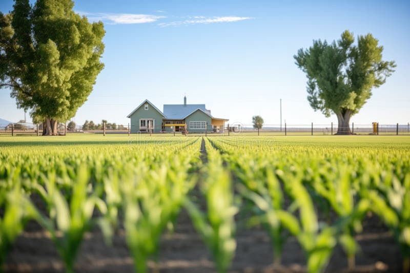 Paddock with Rows of Corn and Ranch in the Distance Stock Photo - Image ...