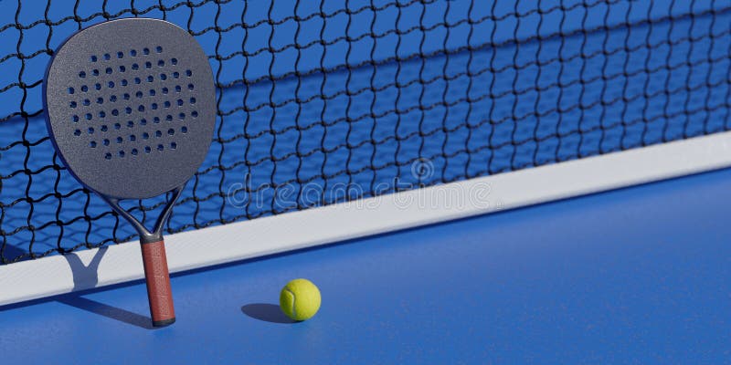 A Padel Racket and Ball are Positioned on a Blue Court Next To a Net ...
