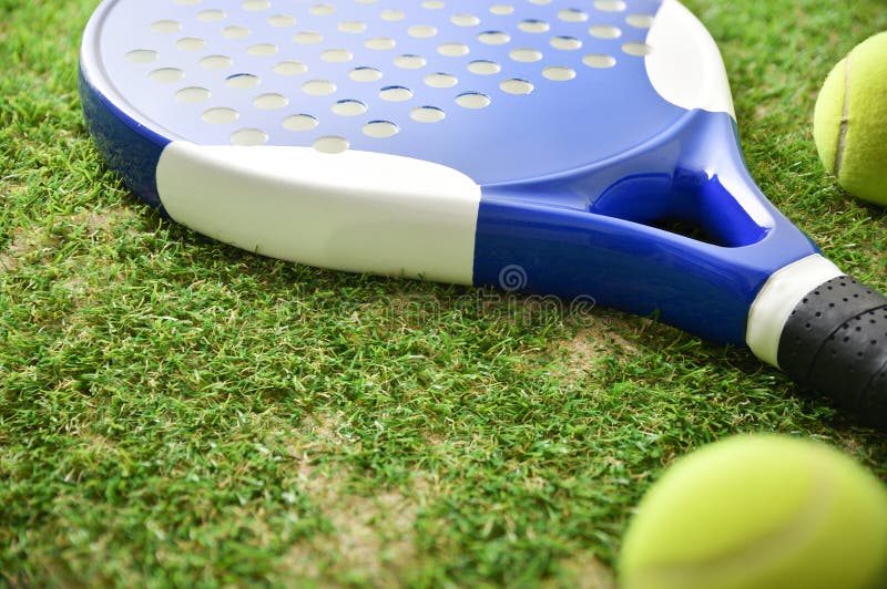 Padel Racket and Balls on Outdoor Artificial Grass Elevated View Stock ...