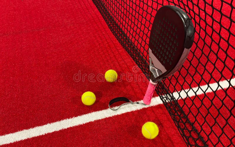 Padel Racket on a Padel Red Court with a Ball Stock Image - Image of ...