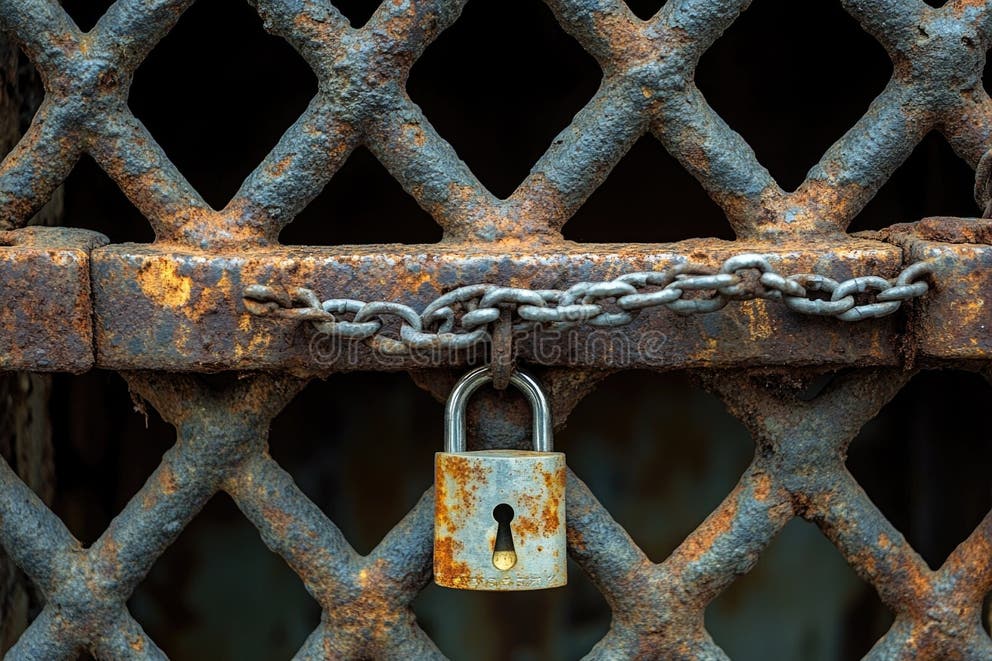 A Padlock Attached To an Old Gate with Rust and Corrosion Stock Photo ...