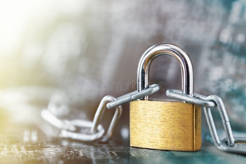 Padlock with Chain on the Electronic Printed Circuit Board. it and Net ...