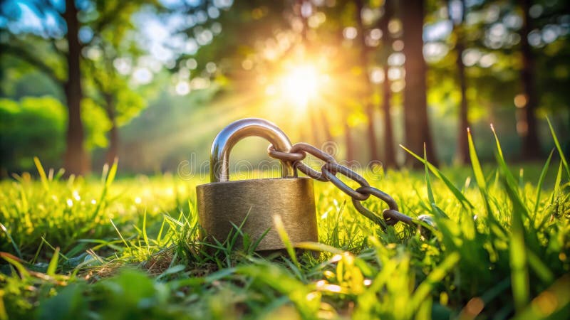 Padlock with Chain Lies on Green Grass, Illuminated by Sunlight Stock ...